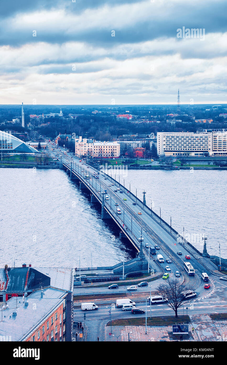 October bridge over Daugava River in Riga, Latvia in winter Stock Photo ...