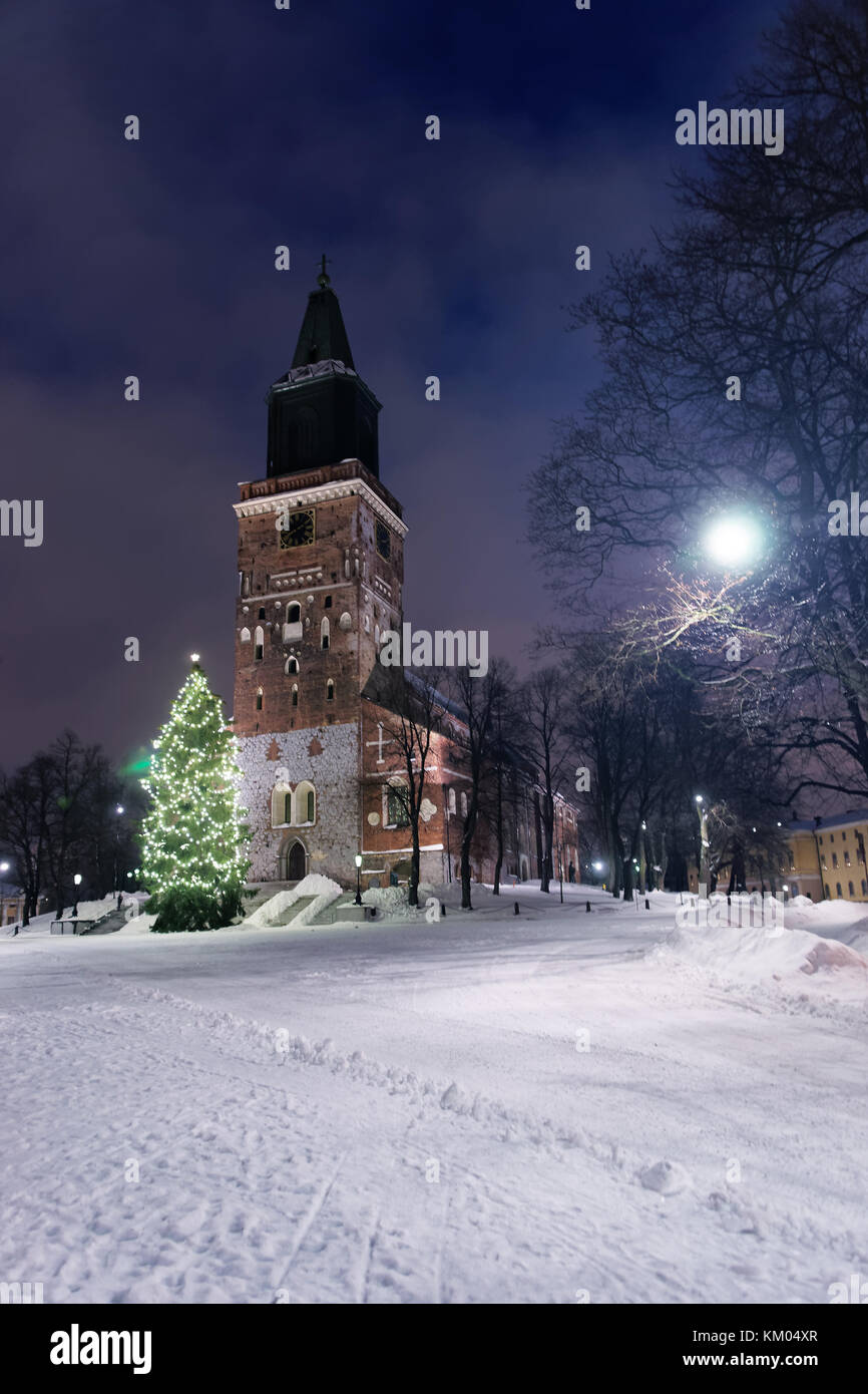 Cathedral and Christmas tree in Turku, Finland in winter at night Stock ...