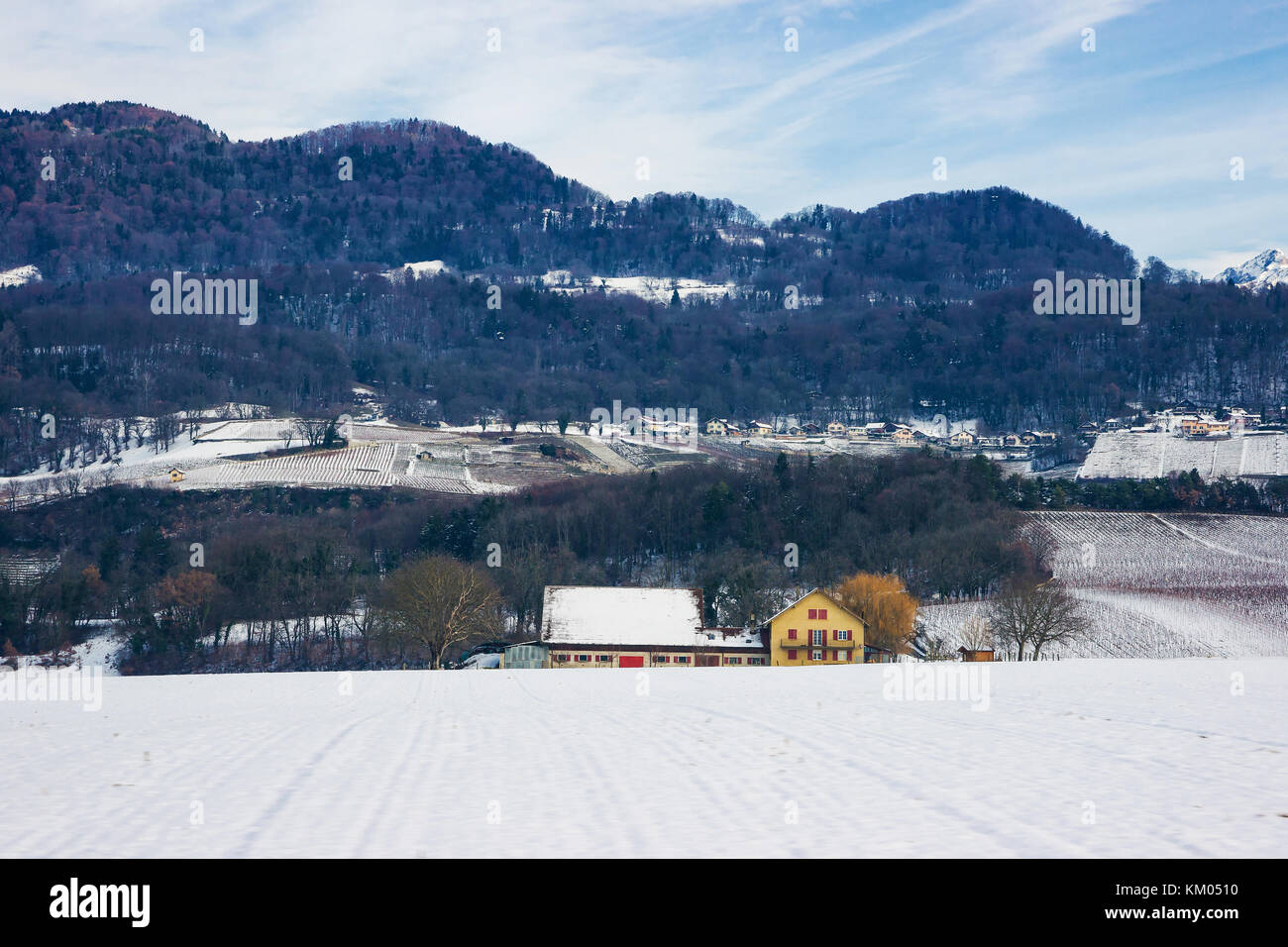 Landscape on countryside in Switzerland in snowy winter. Switzerland ...