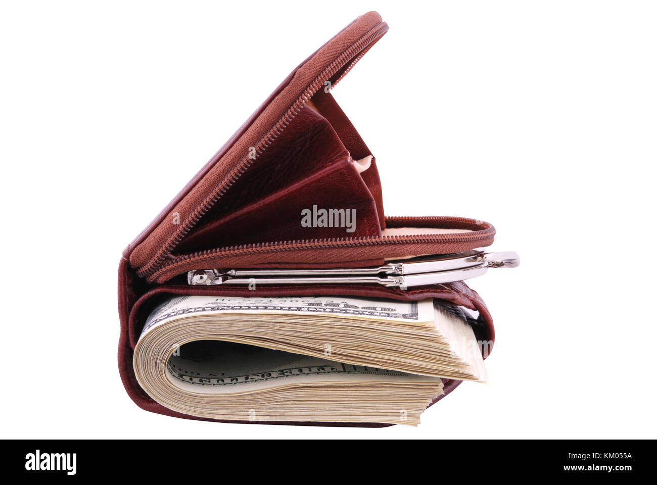 Conceptual image with stuffed leather wallet isolated on a white ...
