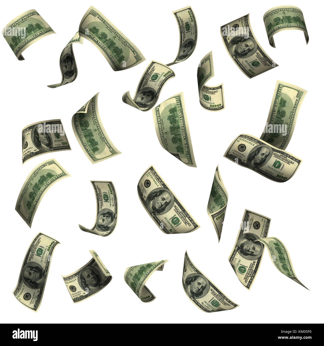 100 dollar bills, flying in clear sky. The image of very big resolution ...