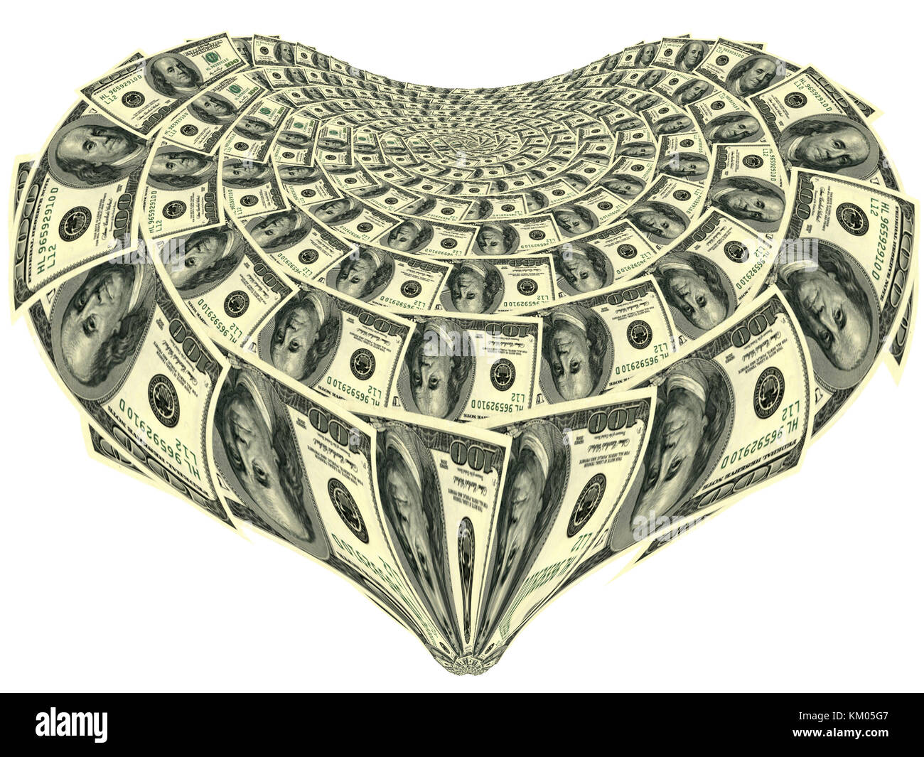 Ornament as heart. Will consist of hundred dollar banknotes. On white ...