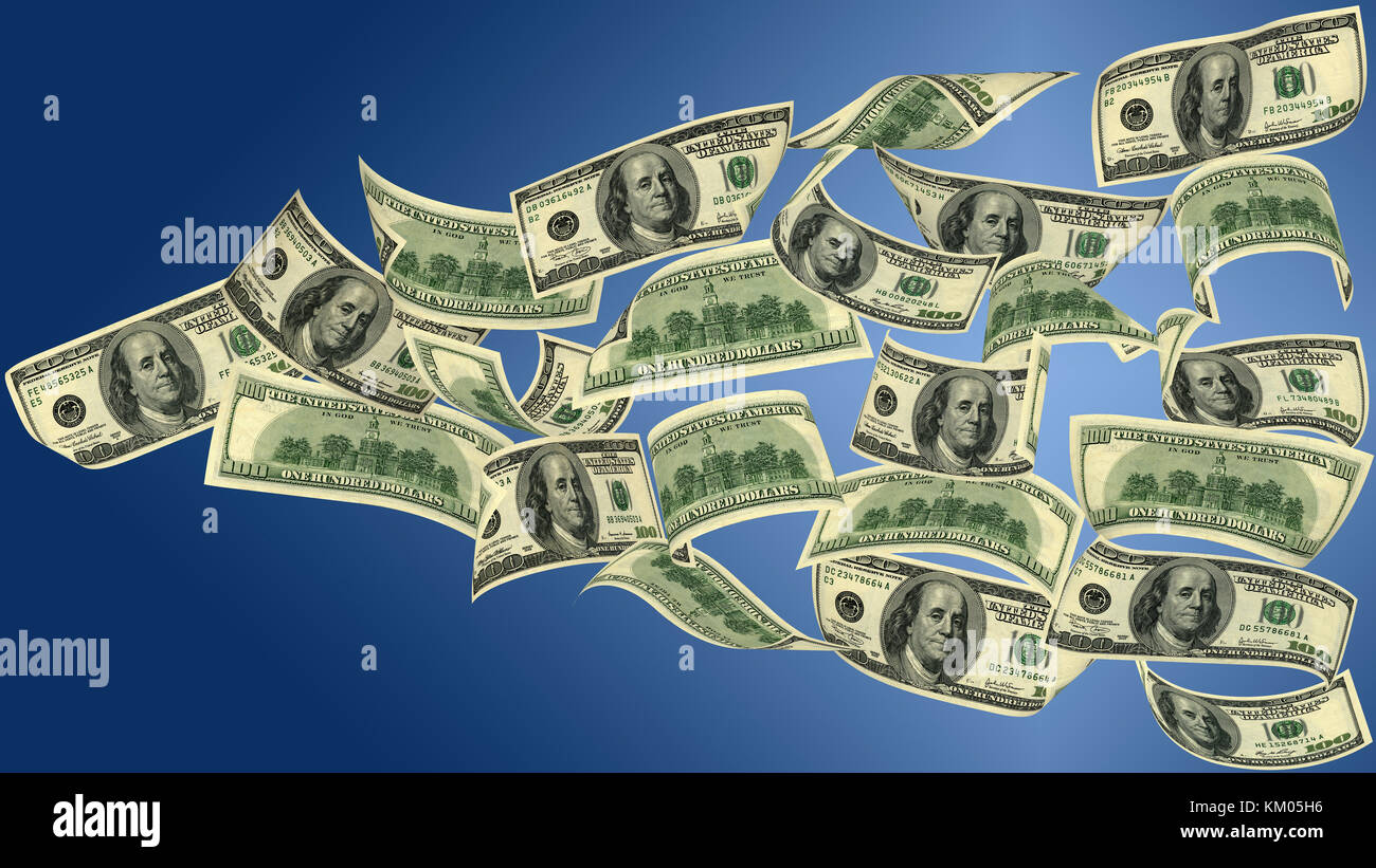 100 dollar bills, flying on blue background. The image of very big ...