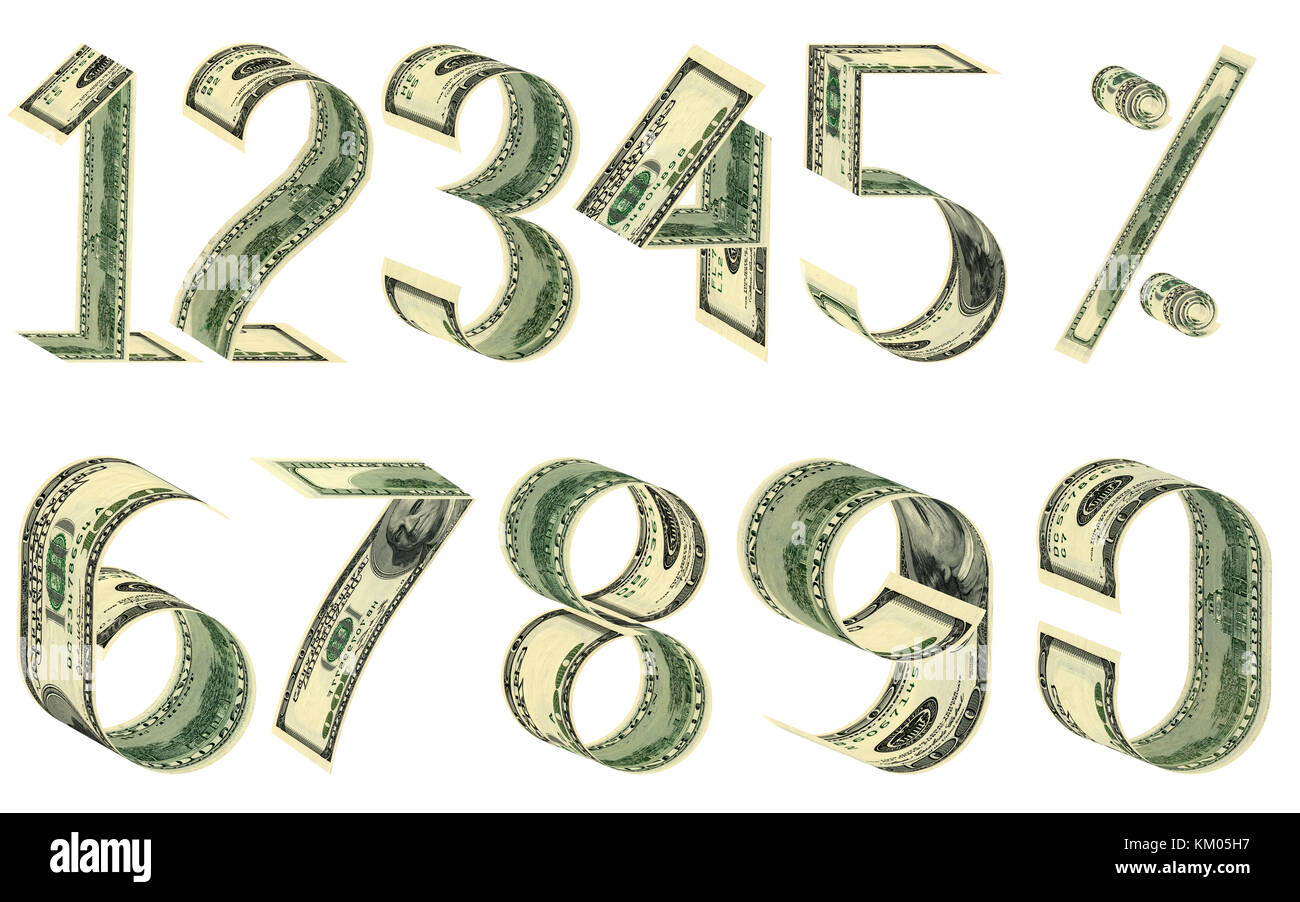 Numbers and percent from dollars. All banknotes different. Isolated on ...