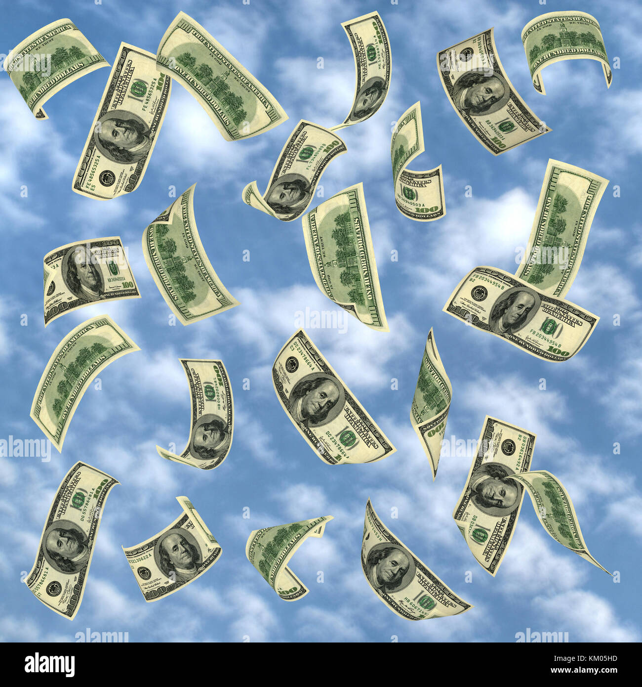 100 dollar bills, flying in clear sky. The image of very big resolution ...