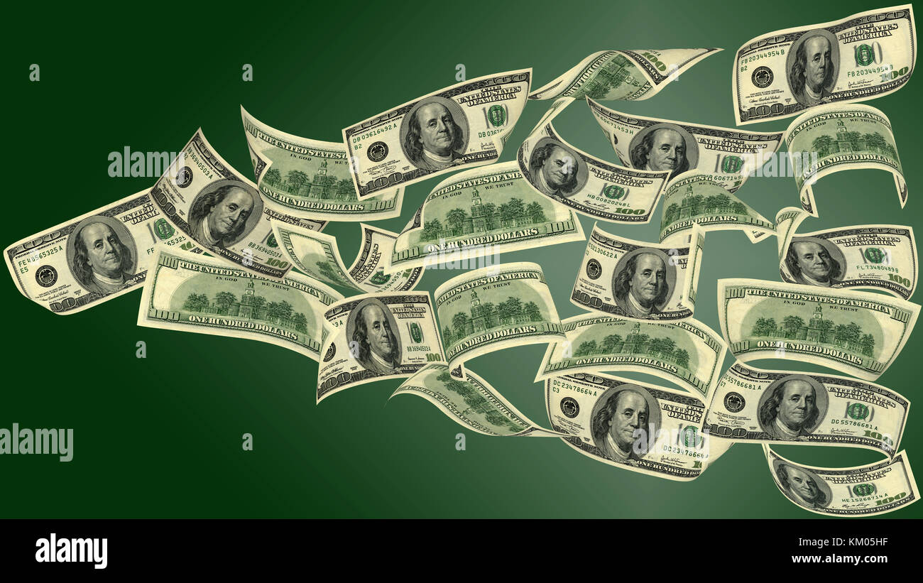 100 dollar bills, flying on green background. The image of very big ...