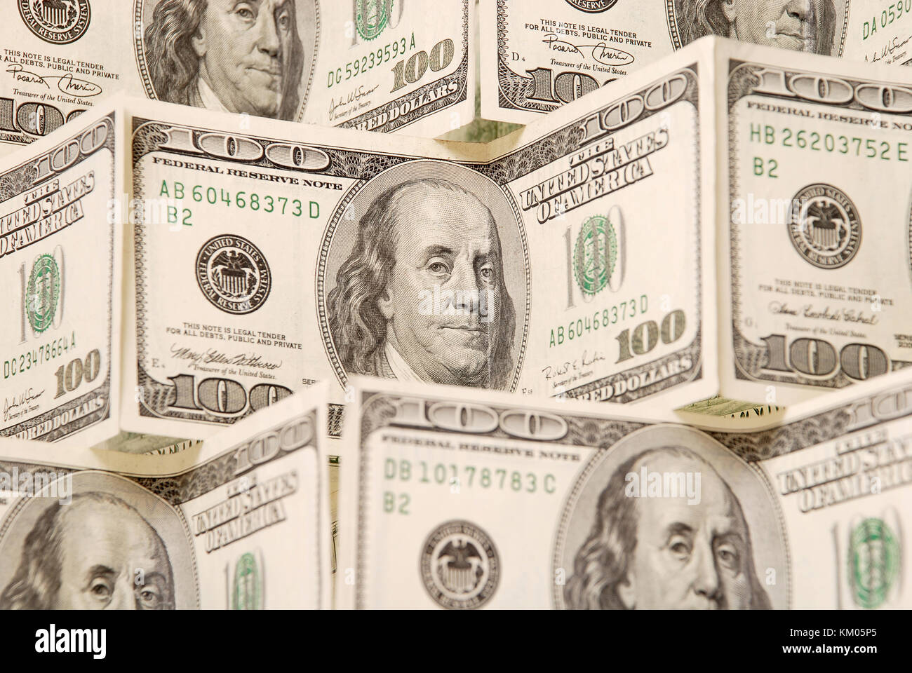 Hundred dollar bills money pile. Focus on center of a photo Stock Photo ...