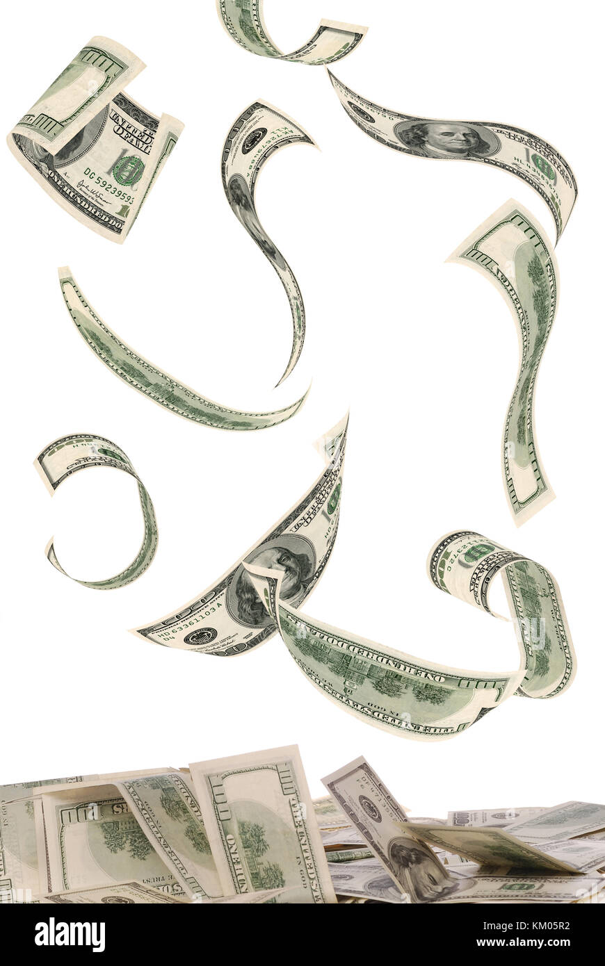 100 dollar bills, flying on white background. The image of very big ...