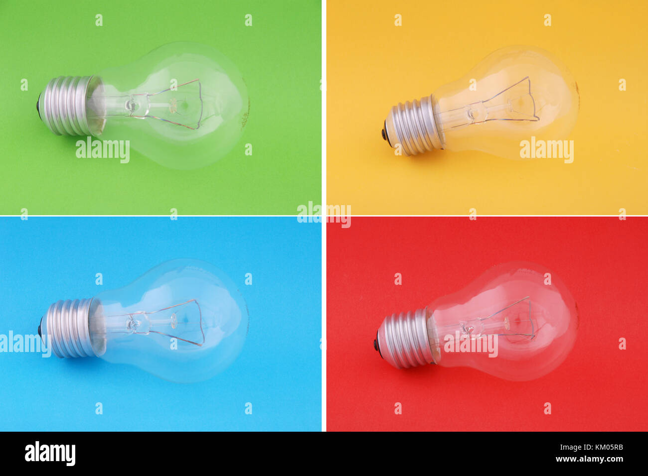 Light bulb on green, yellow, red and blu background Stock Photo - Alamy