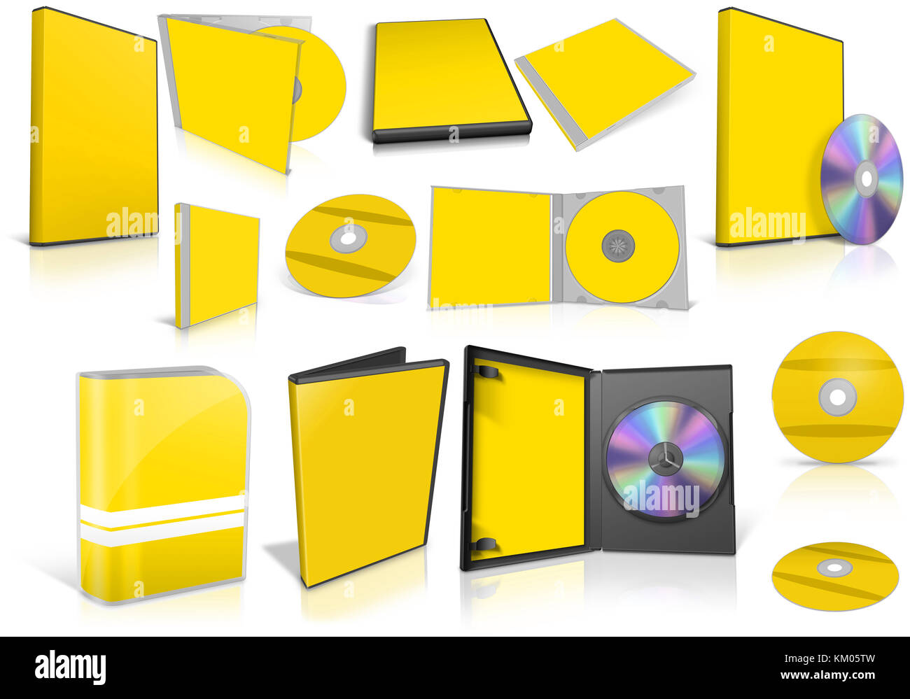 Yellow multimedia disks and boxes on white background. Ready to be ...