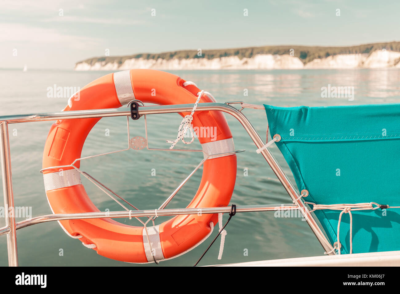 Detailed close up of rescue ring on sailing boat handrail during cruise ...