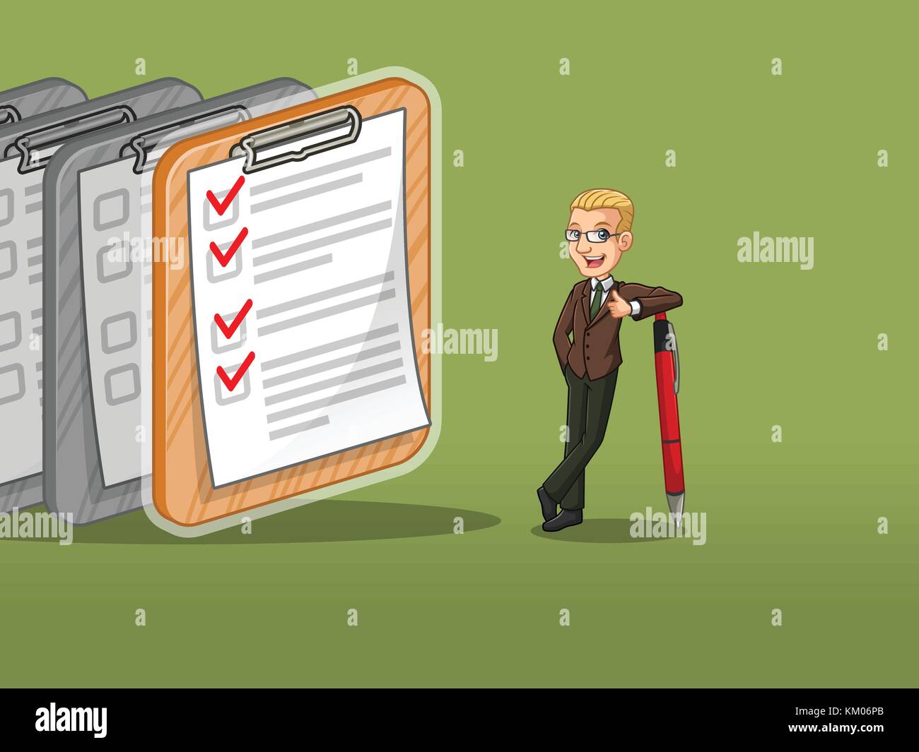 Blonde businessman in brown suit cartoon character design leaning a pen ...