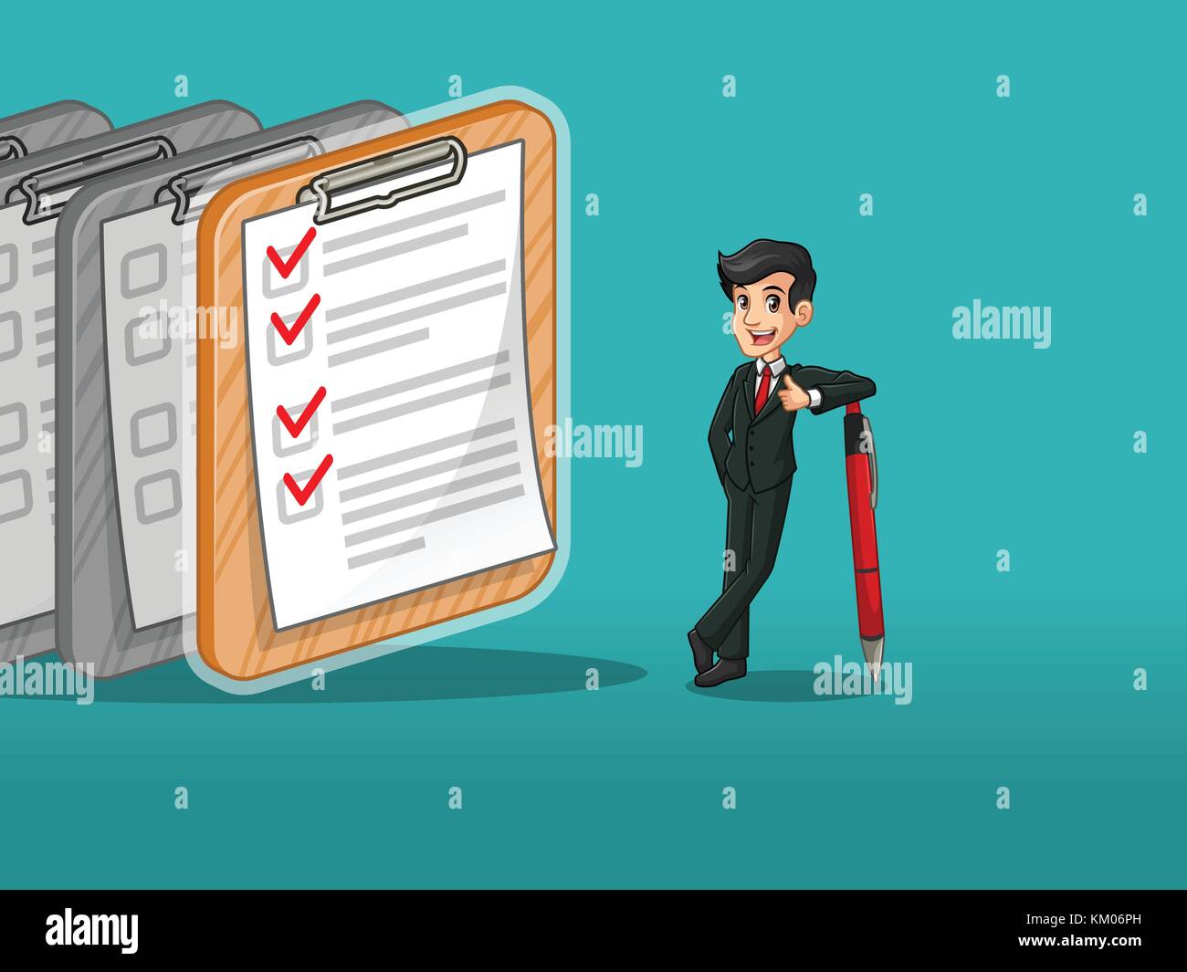 Businessman in black suit cartoon character design leaning a pen with ...