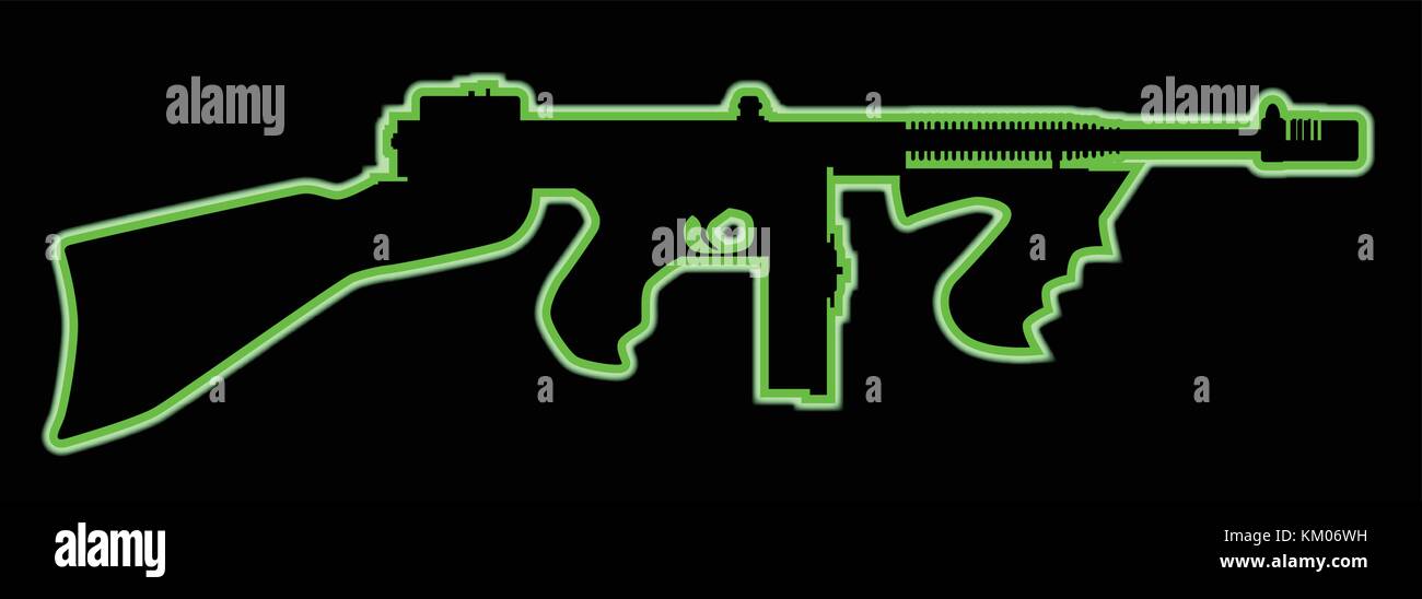 A green neon light outlineTommy gun as used by gangsters in the roaring ...