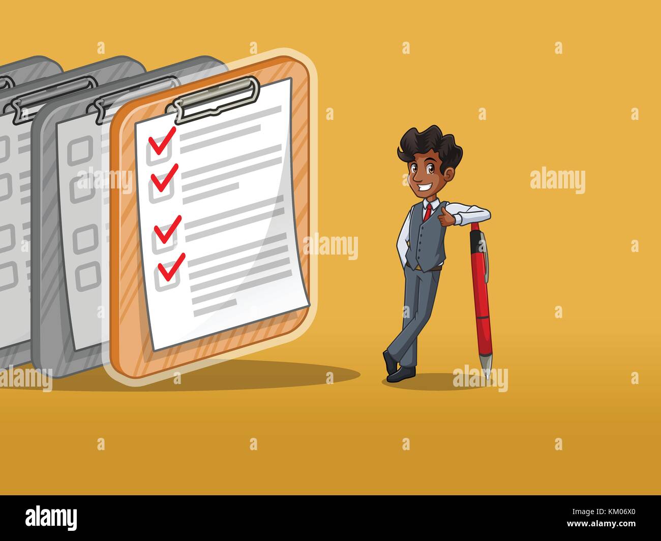 Businessman in vest cartoon character design leaning a pen with ...