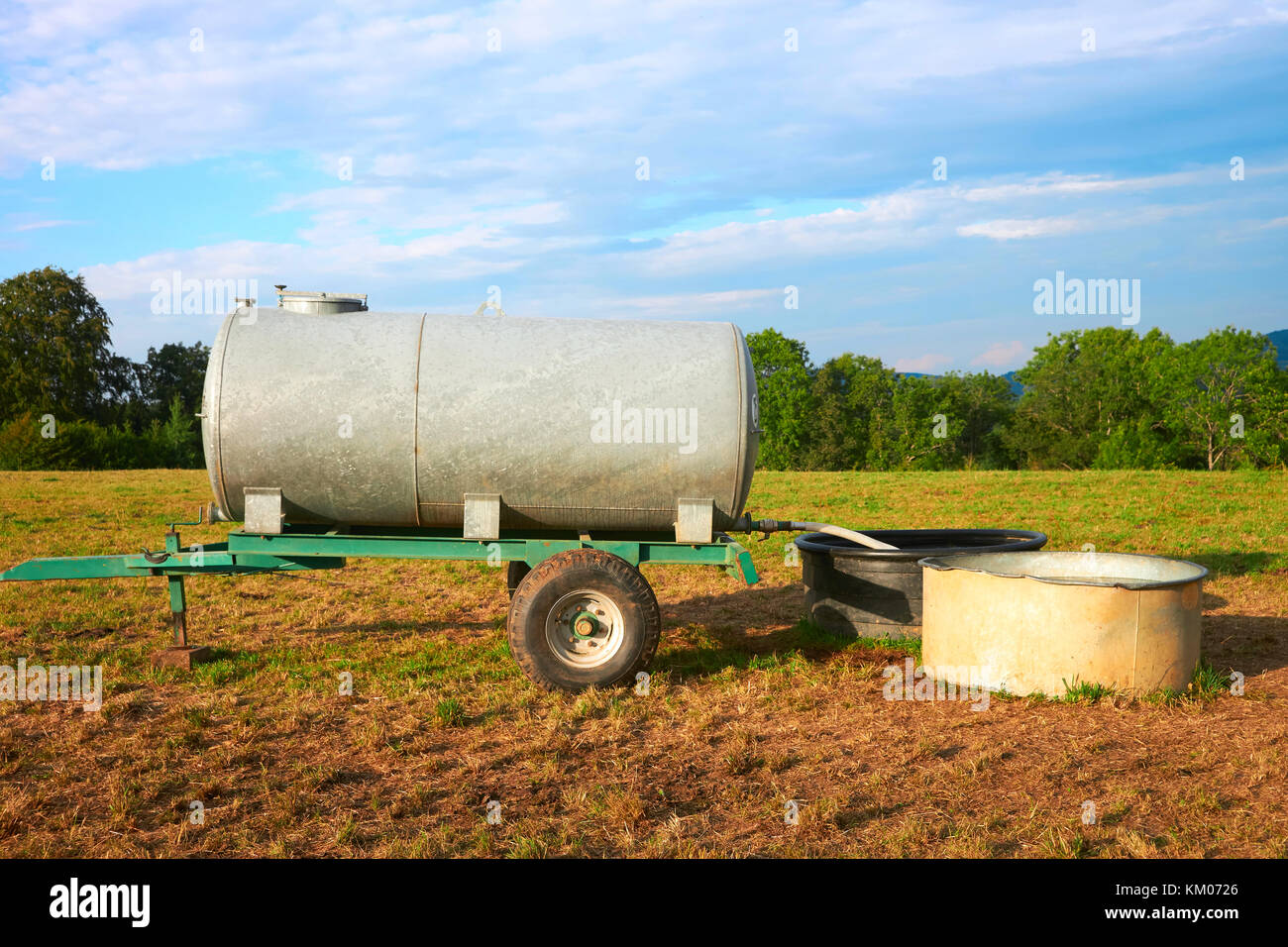 Water trough for drinking of cow cattle in the field, Franche Comte ...