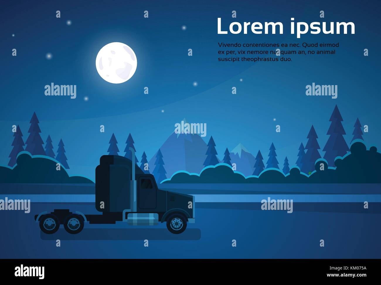 Truck Trailer Cabin At Nght On Road Over Mountains Landscape Banner ...