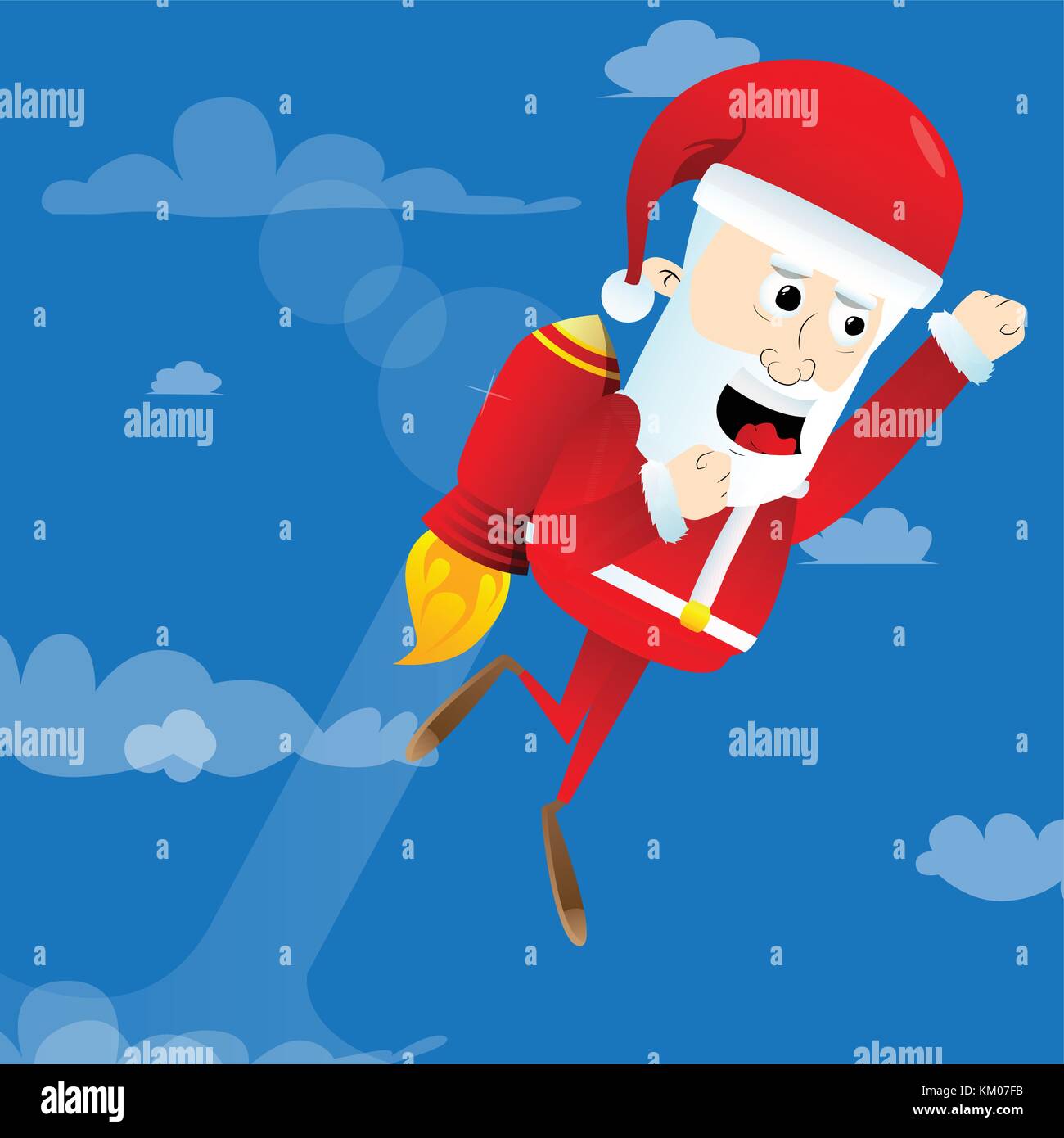 Santa Claus flying up with a rocket engine. Vector cartoon character ...