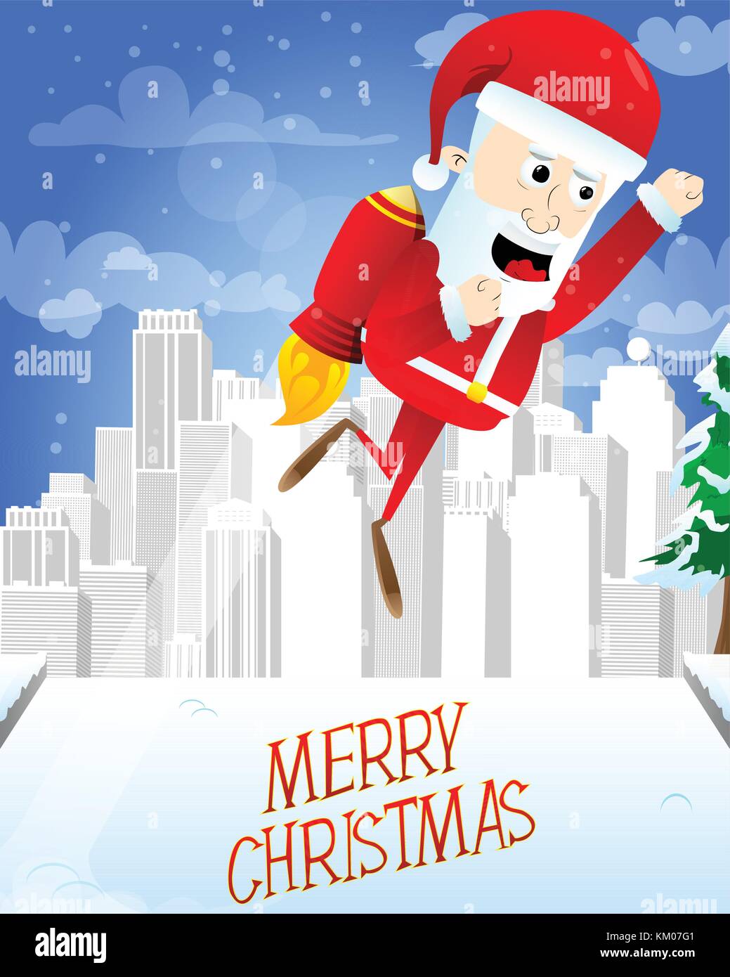 Santa Claus flying up with a rocket engine. Vector cartoon character ...
