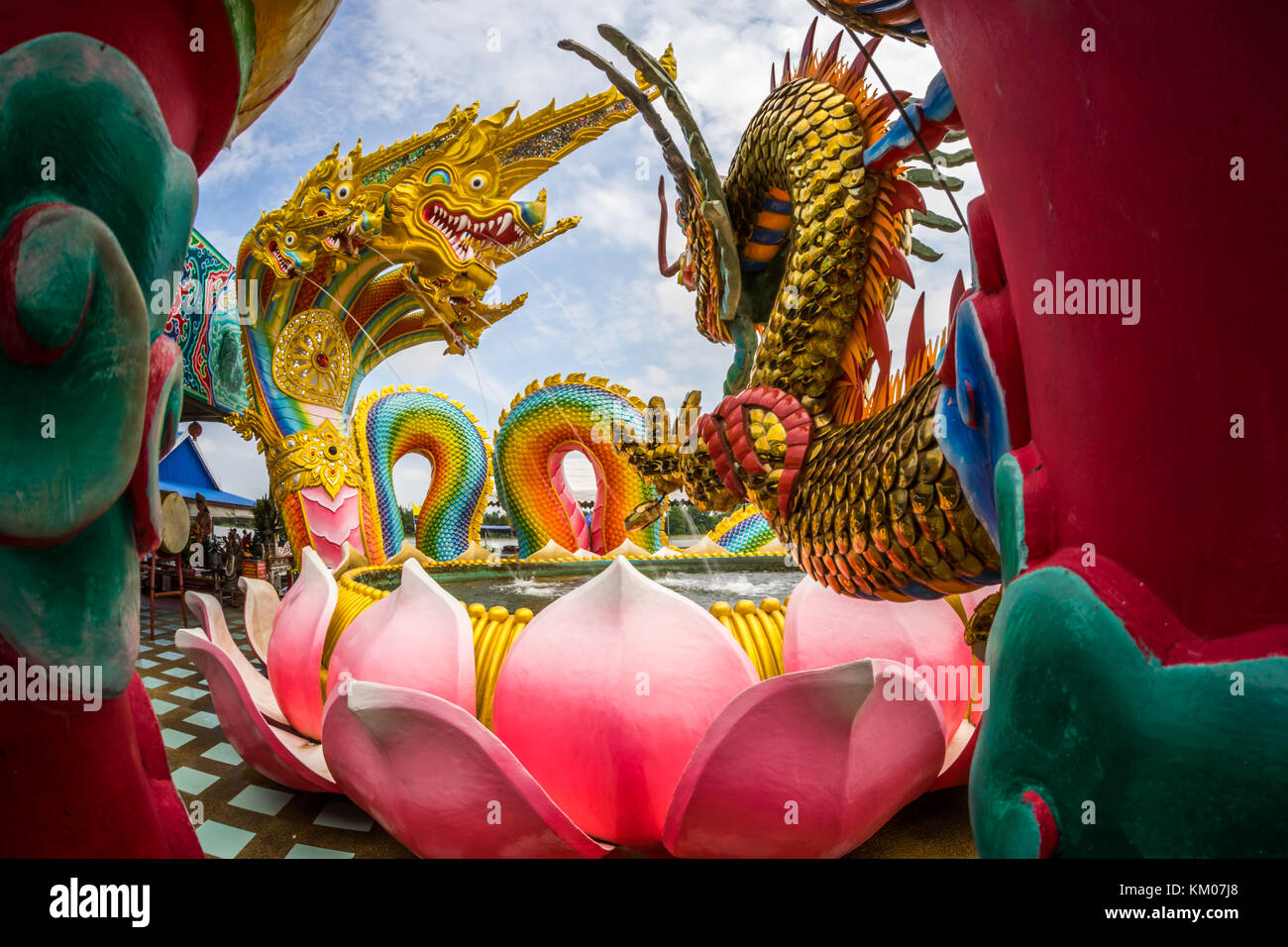 Chinese dragon with Thai King of naga in Buddhist temple Stock Photo ...