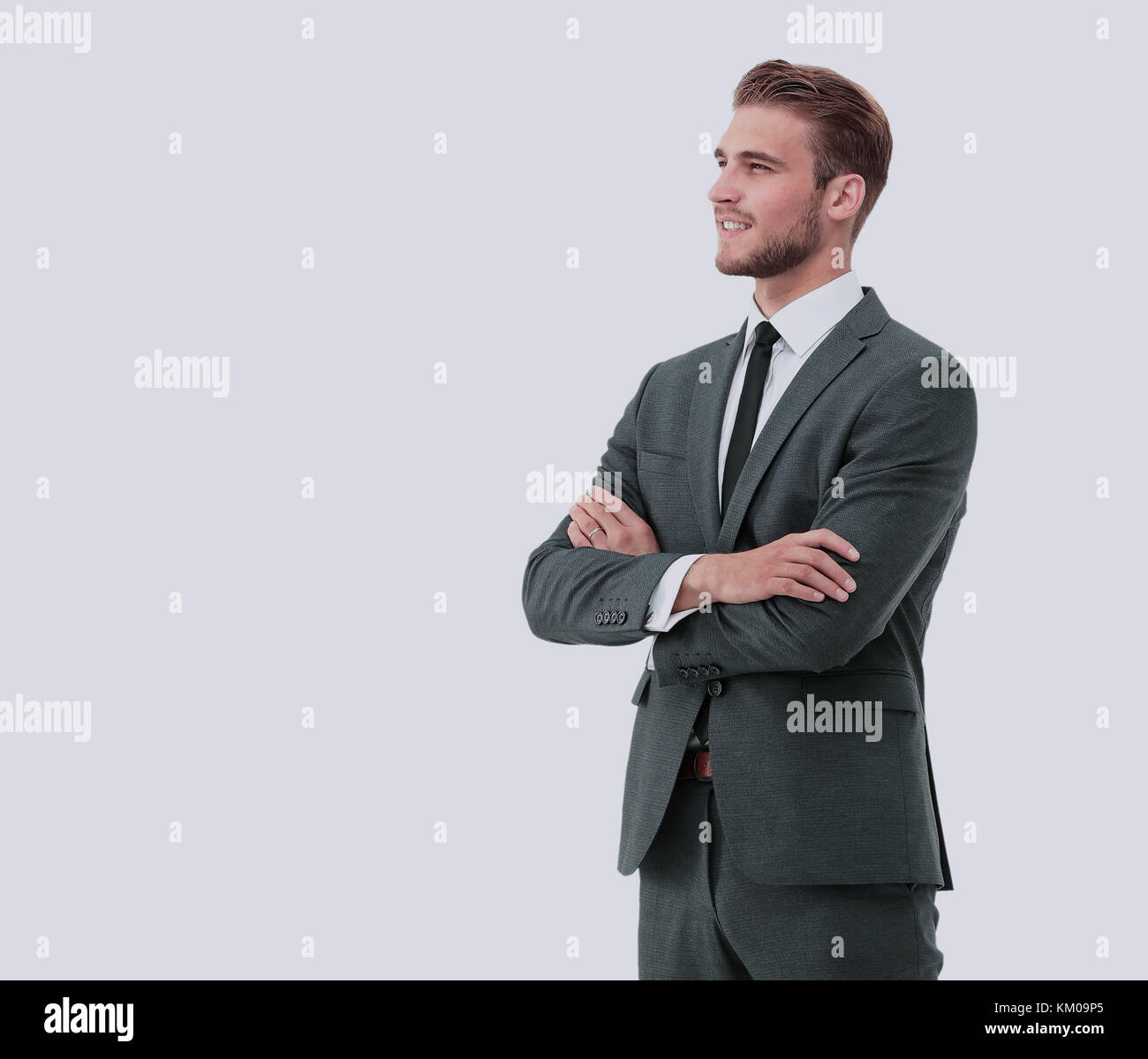 Side view of a smiling businessman standing , On white backgroun Stock ...