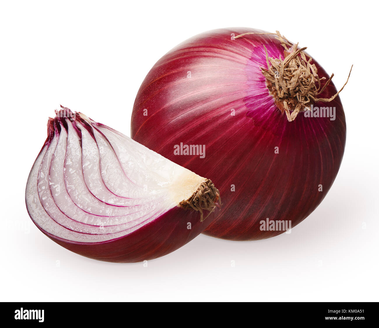 Whole fresh unpeeled red onion and slice isolated on white background ...