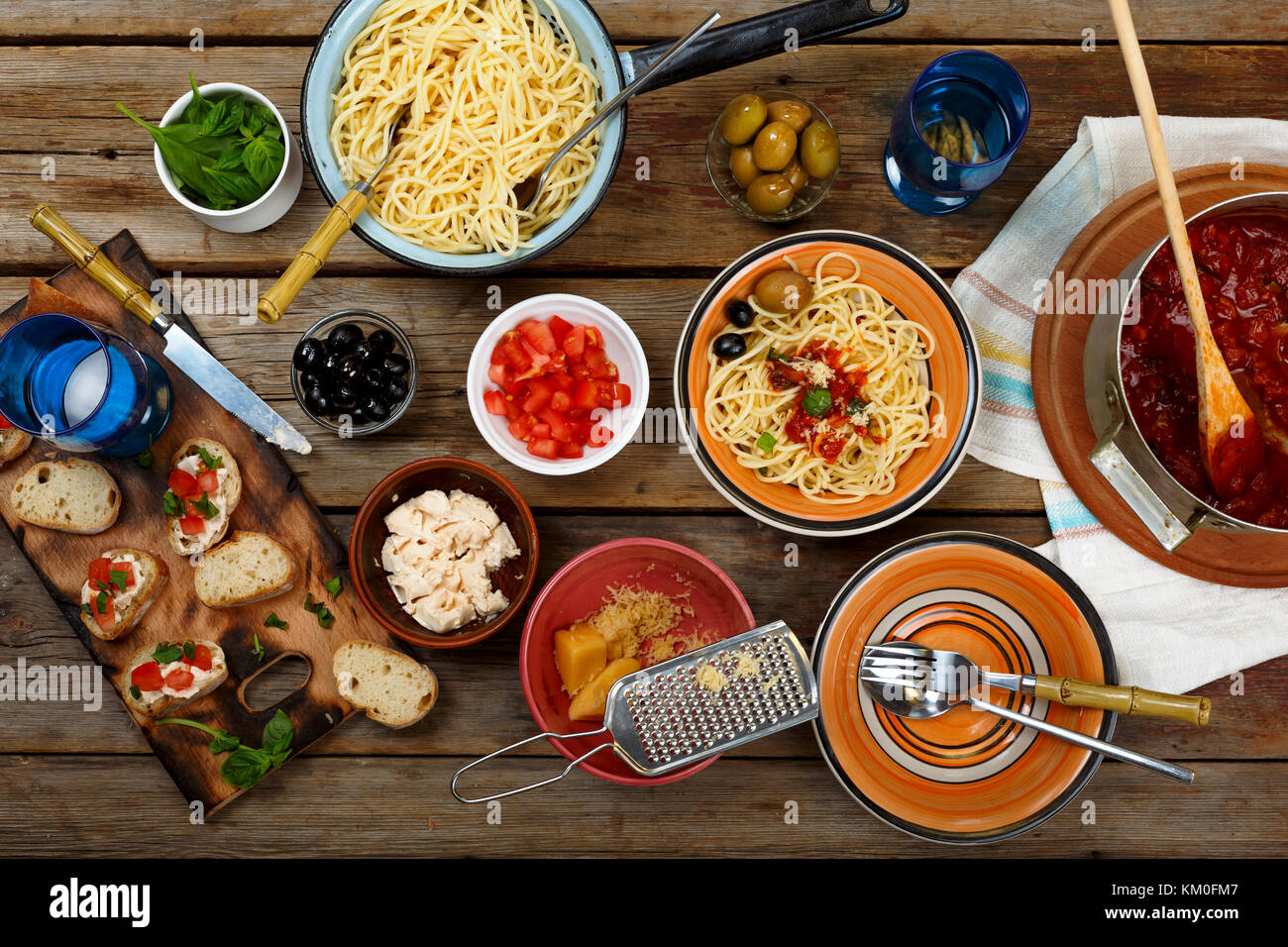 Traditional Italian food. Pasta spaghetti with tomato sauce, olives and ...