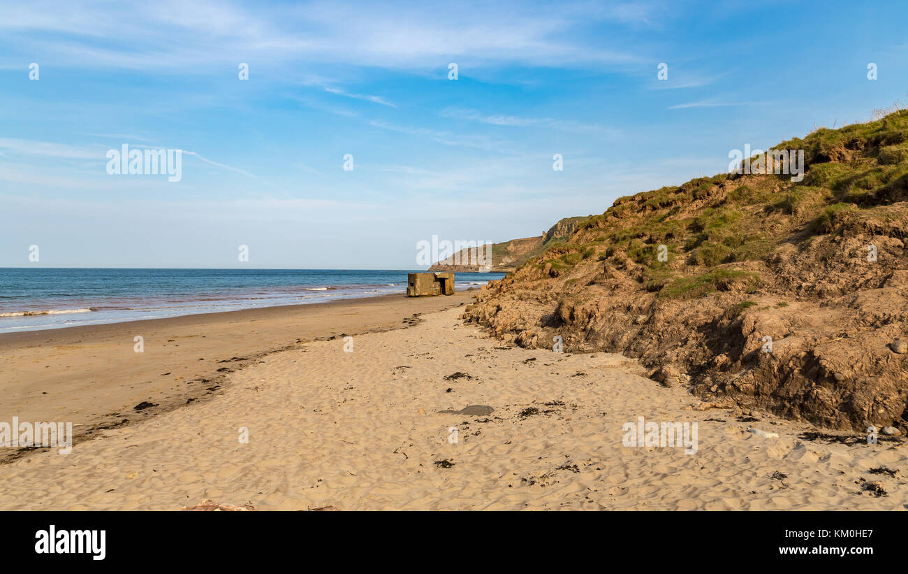 Old bunker and beach at Cayton Bay, near Scarborough, North Yorkshire ...