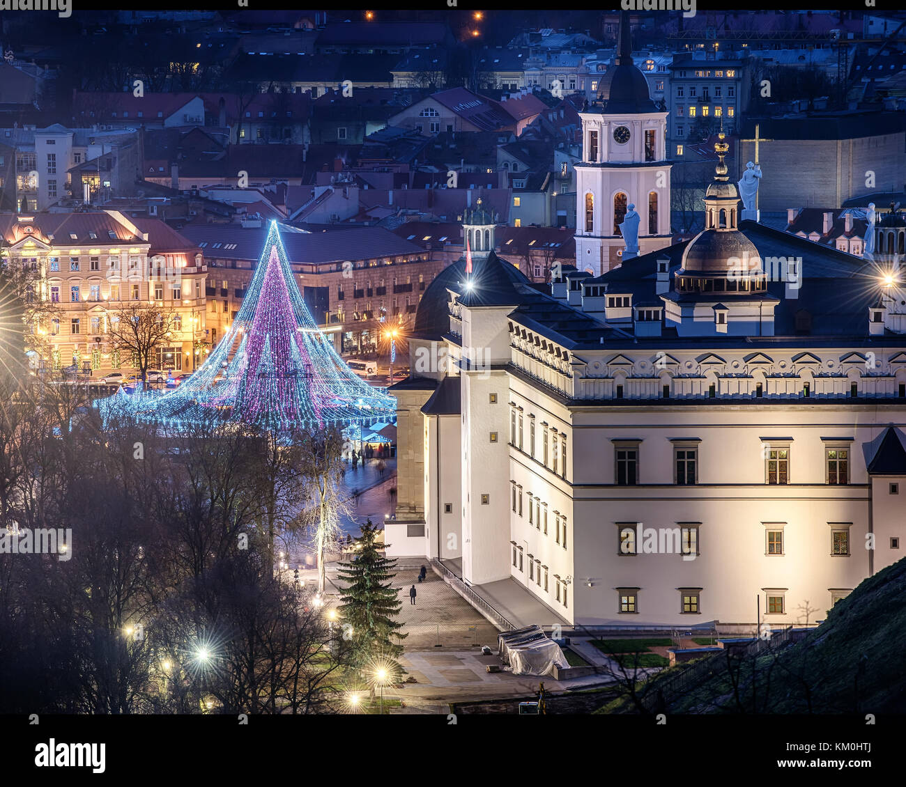 Vilnius, Lithuania: Christmas tree and decorations in Cathedral Square ...