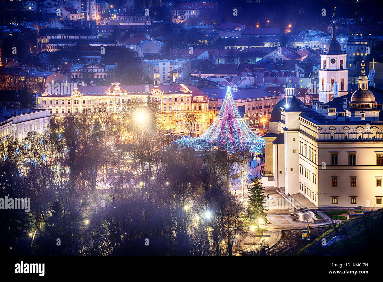 Vilnius, Lithuania: Christmas tree and decorations in Cathedral Square ...