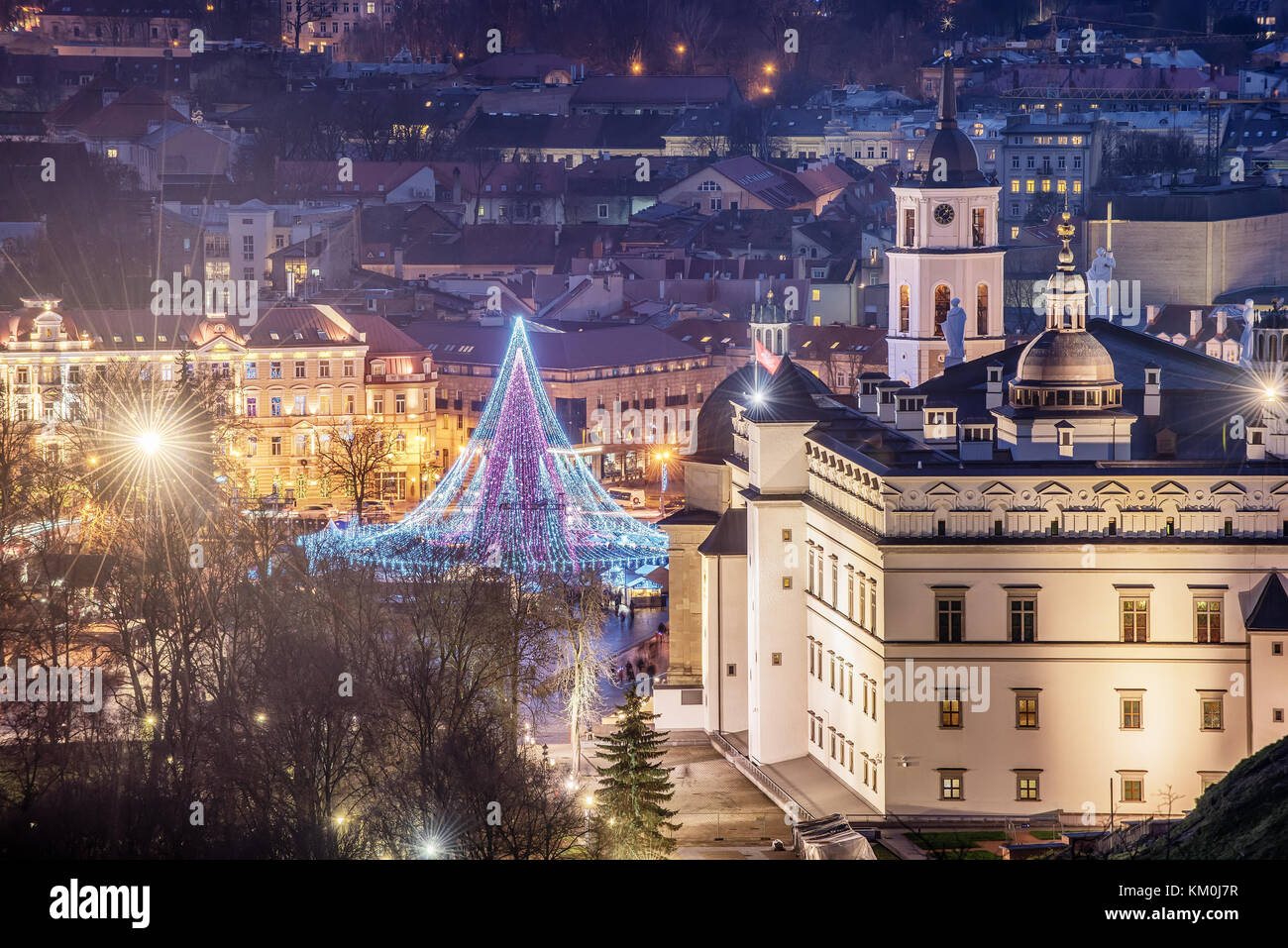 Vilnius, Lithuania: Christmas tree and decorations in Cathedral Square ...