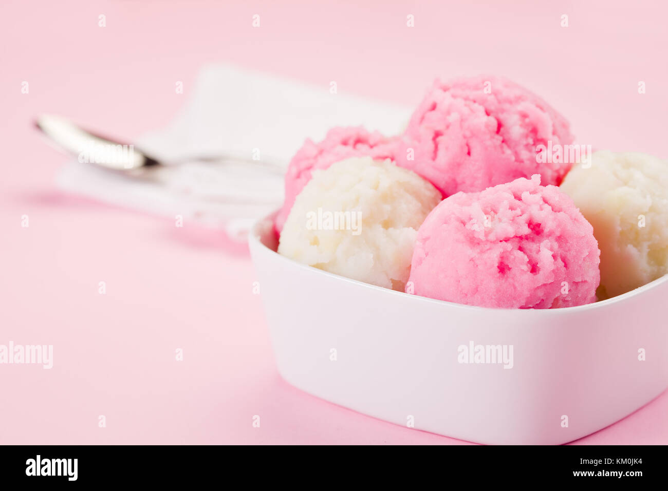 photo of fresh strawberry vanilla ice cream on a rose background Stock ...