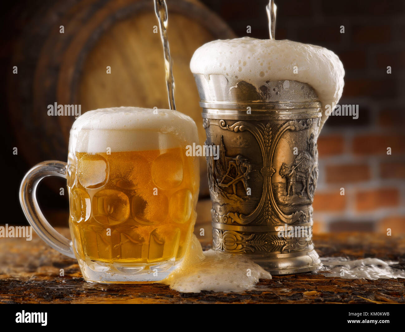 beer cellar, delicious beer poured in glasses, rural and traditional ...