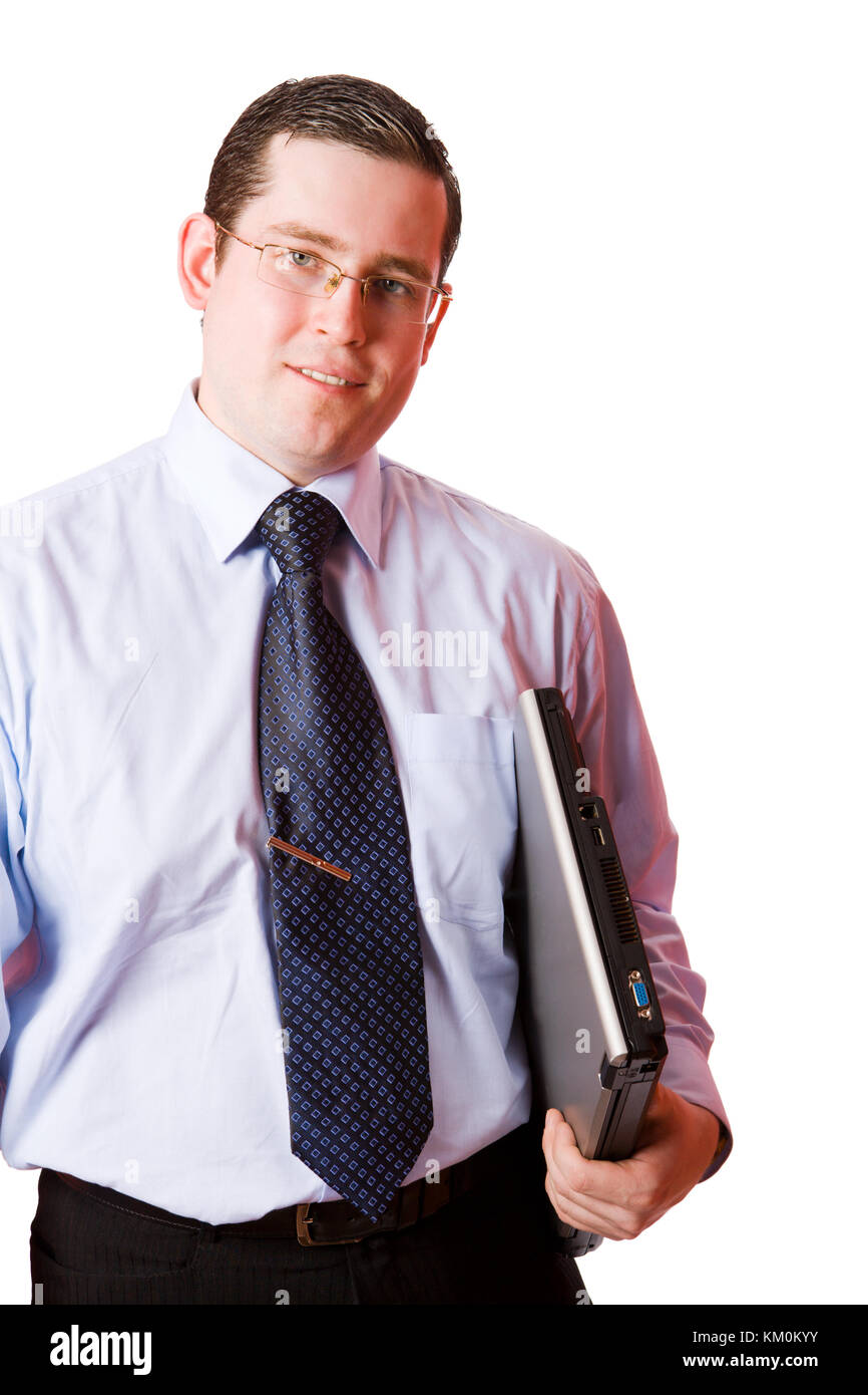 Business man holding laptop isolated on white Stock Photo - Alamy