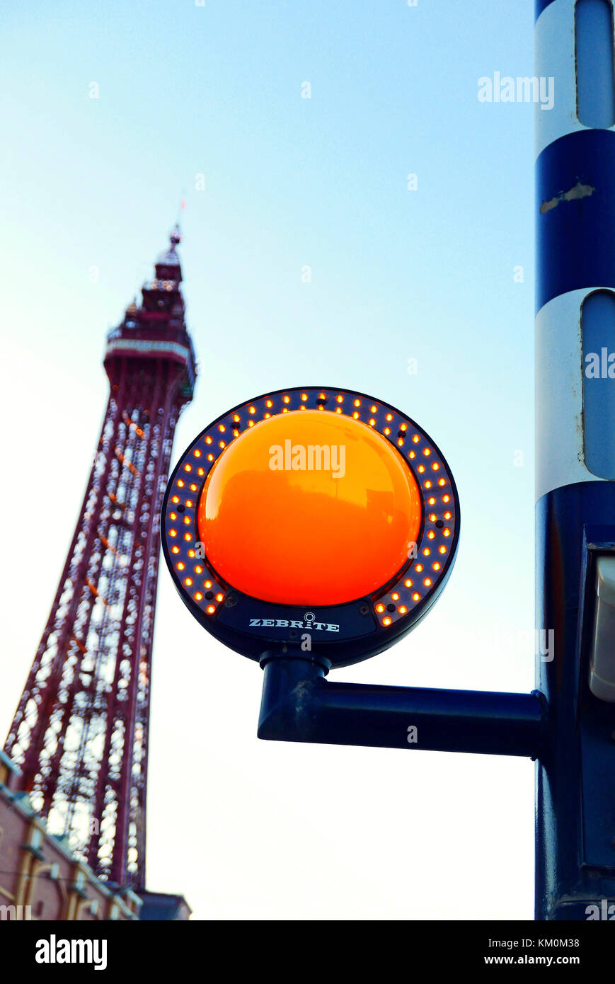 Belisha beacon at crossing point in front of Blackpool tower Stock ...