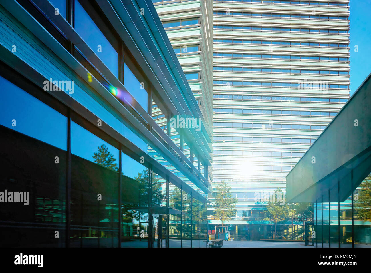 Street view with modern steel and glass skyscraper buildings reflecting ...