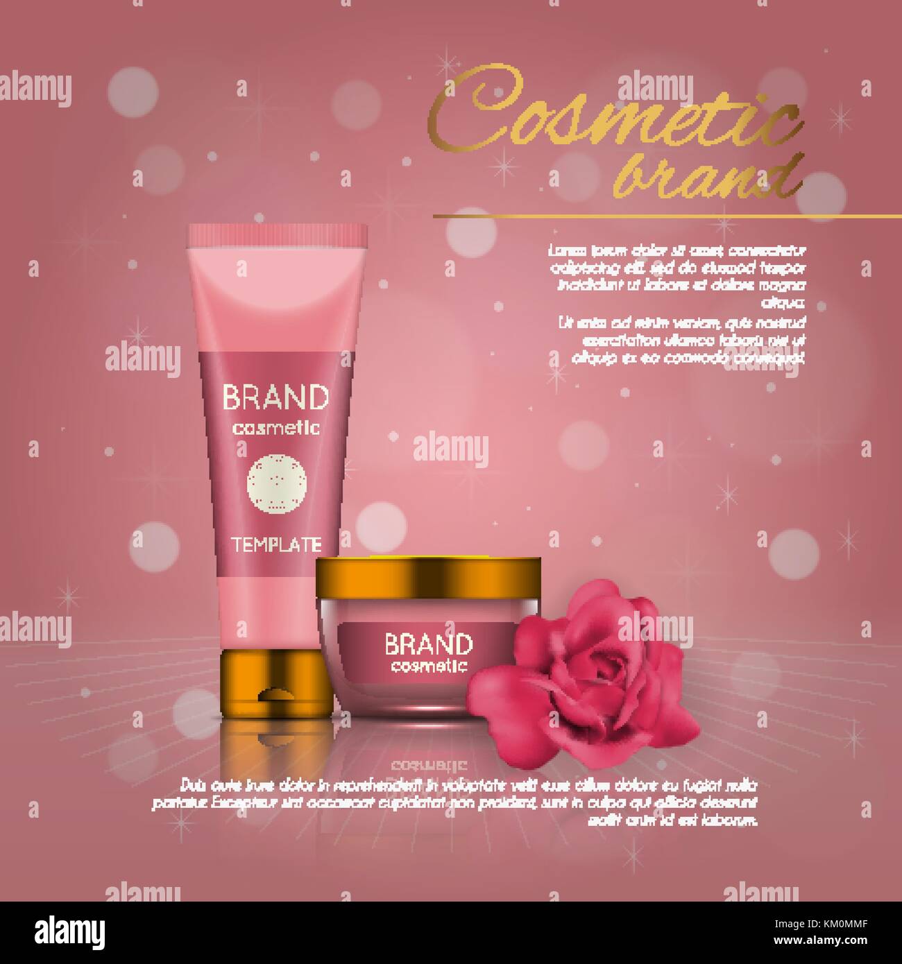 Vector 3D cosmetic illustration with rose and bokeh background. Beauty ...