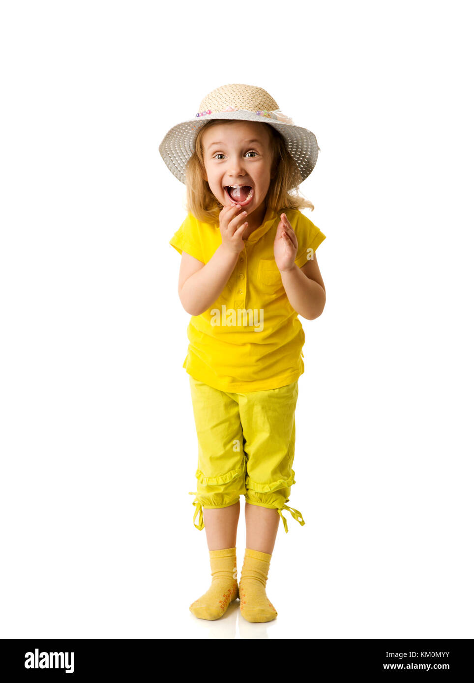 Excited Little Girl shouting clapping hands isolated on white Stock ...