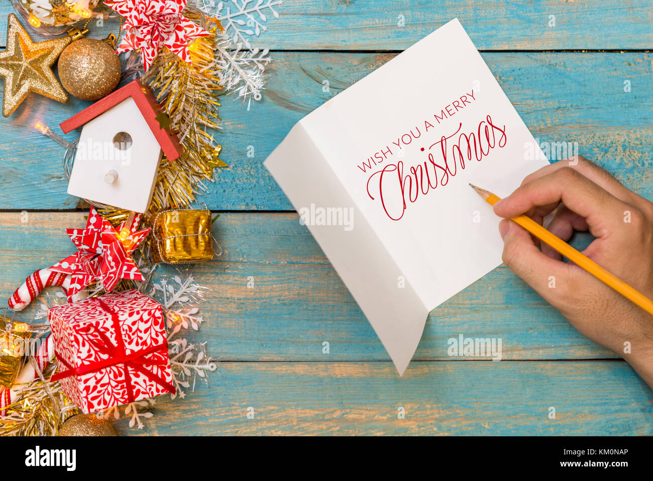 Christmas background with decorations with hand writting on greeting ...