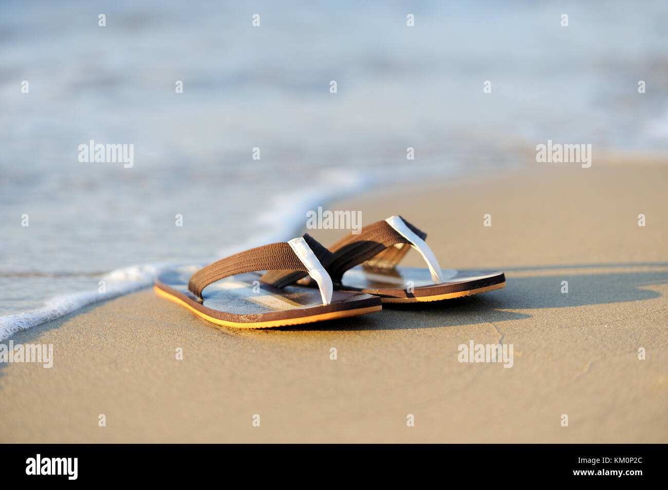 Summer vacation concept. Flip flops on a sandy ocean beach Stock Photo ...