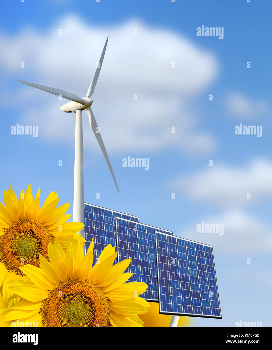 Renewable energy: windmill, solar panel and sunflower Stock Photo - Alamy
