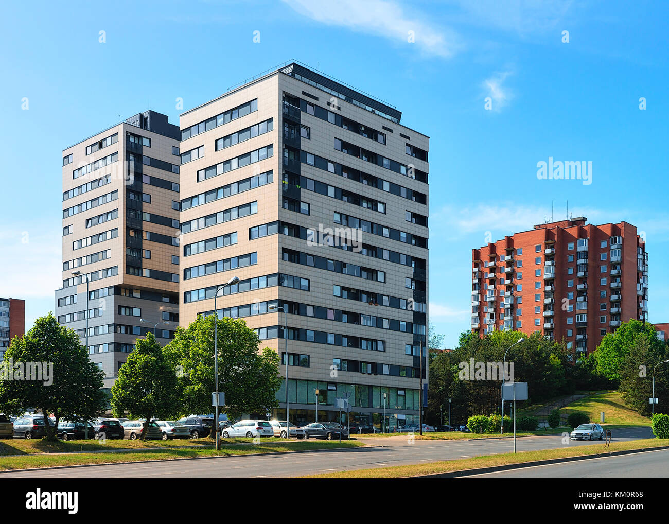 Street view on modern residential building skyscrapers in Baltupiai ...