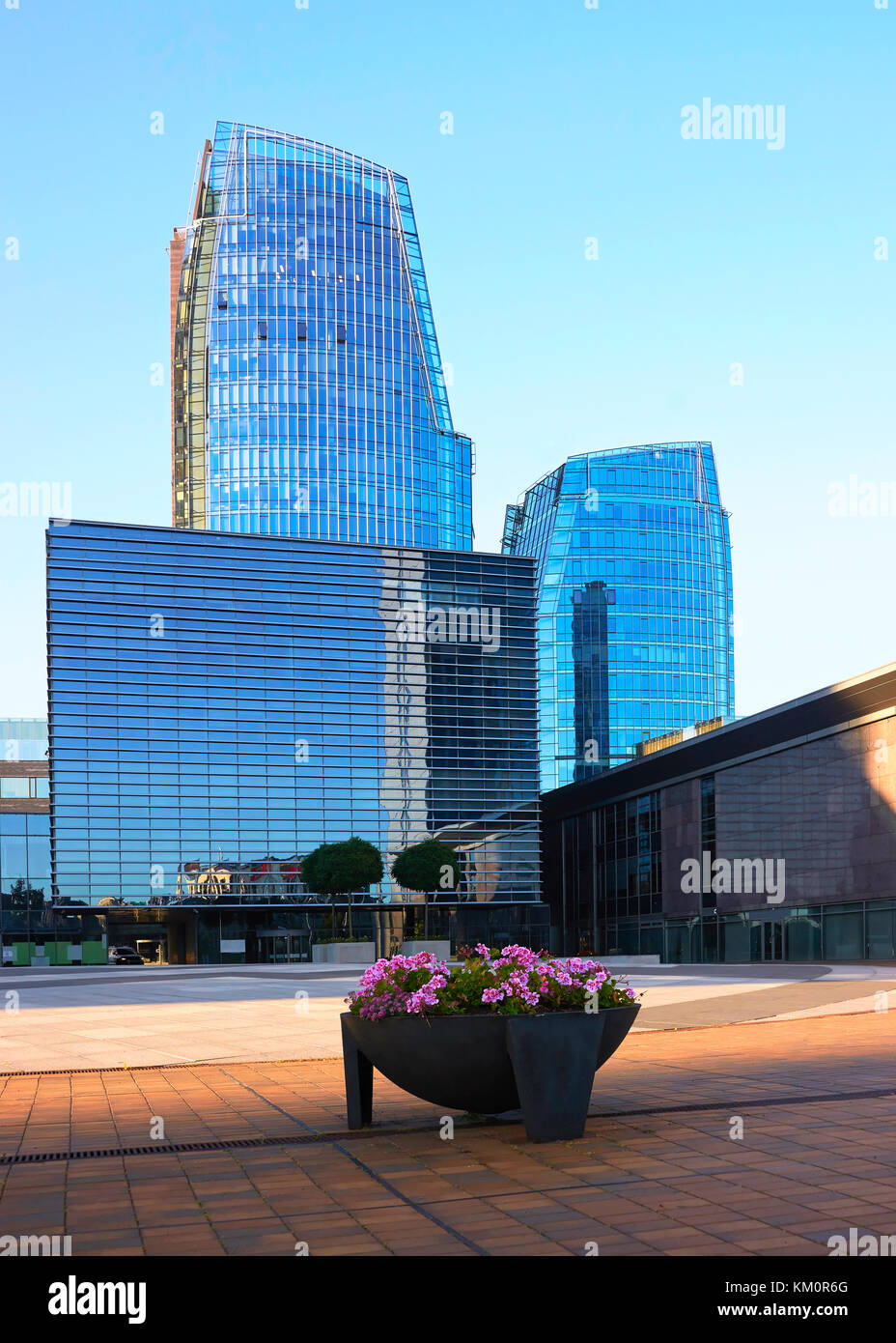 Street view on modern steel and glass skyscraper architecture ...