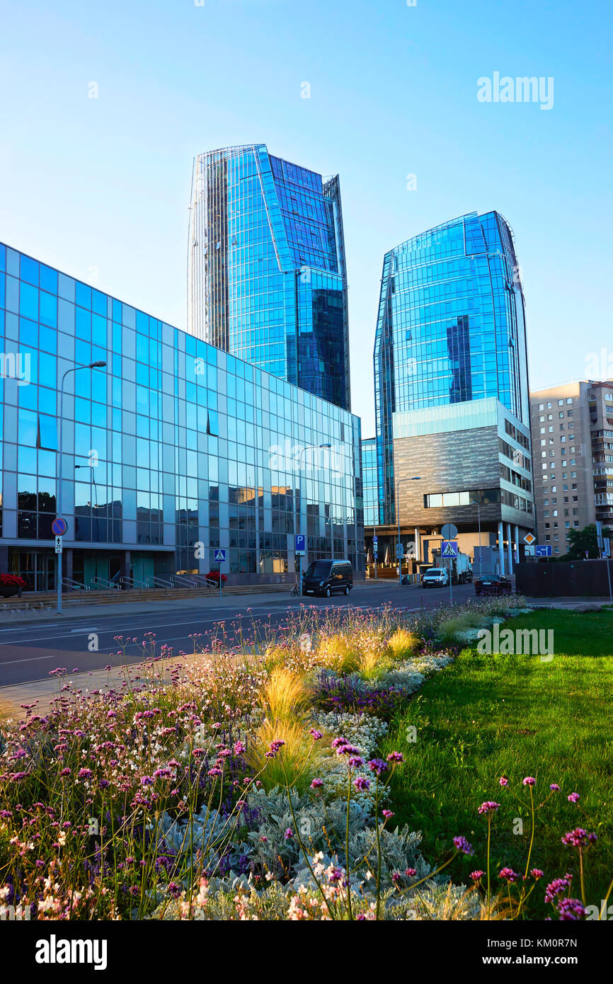 Street view with modern steel and glass skyscraper architecture ...
