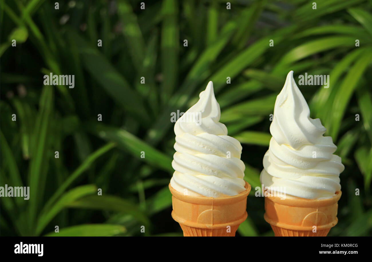 Pair of pure white milk soft serve ice cream cones in the sunlight ...