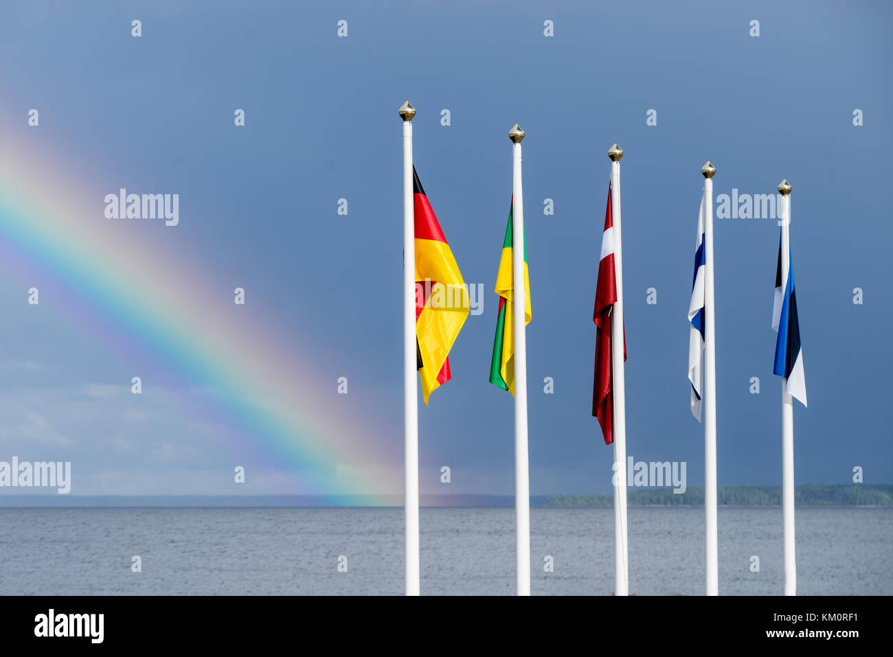 Estonian, Finnish, Lithuanian, Latvian and German flags waving in the ...