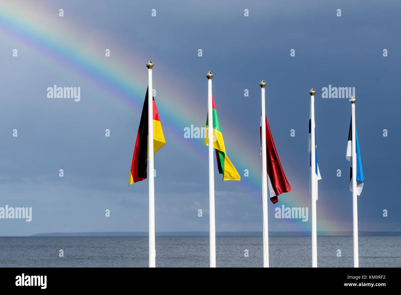 Estonian, Finnish, Lithuanian, Latvian and German flags waving in the ...