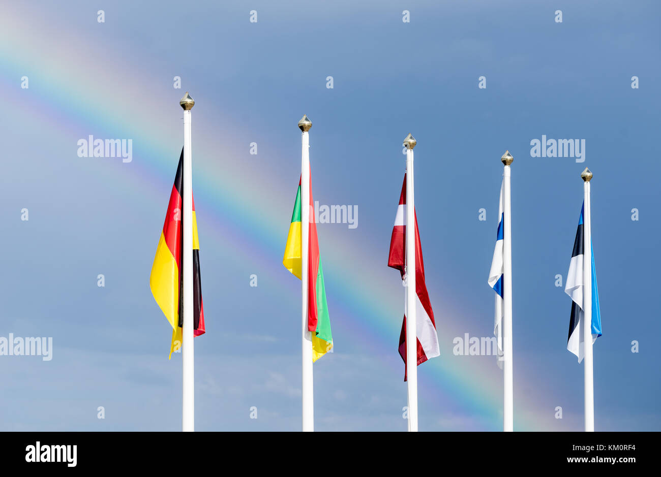 Estonian, Finnish, Lithuanian, Latvian and German flags waving in the ...