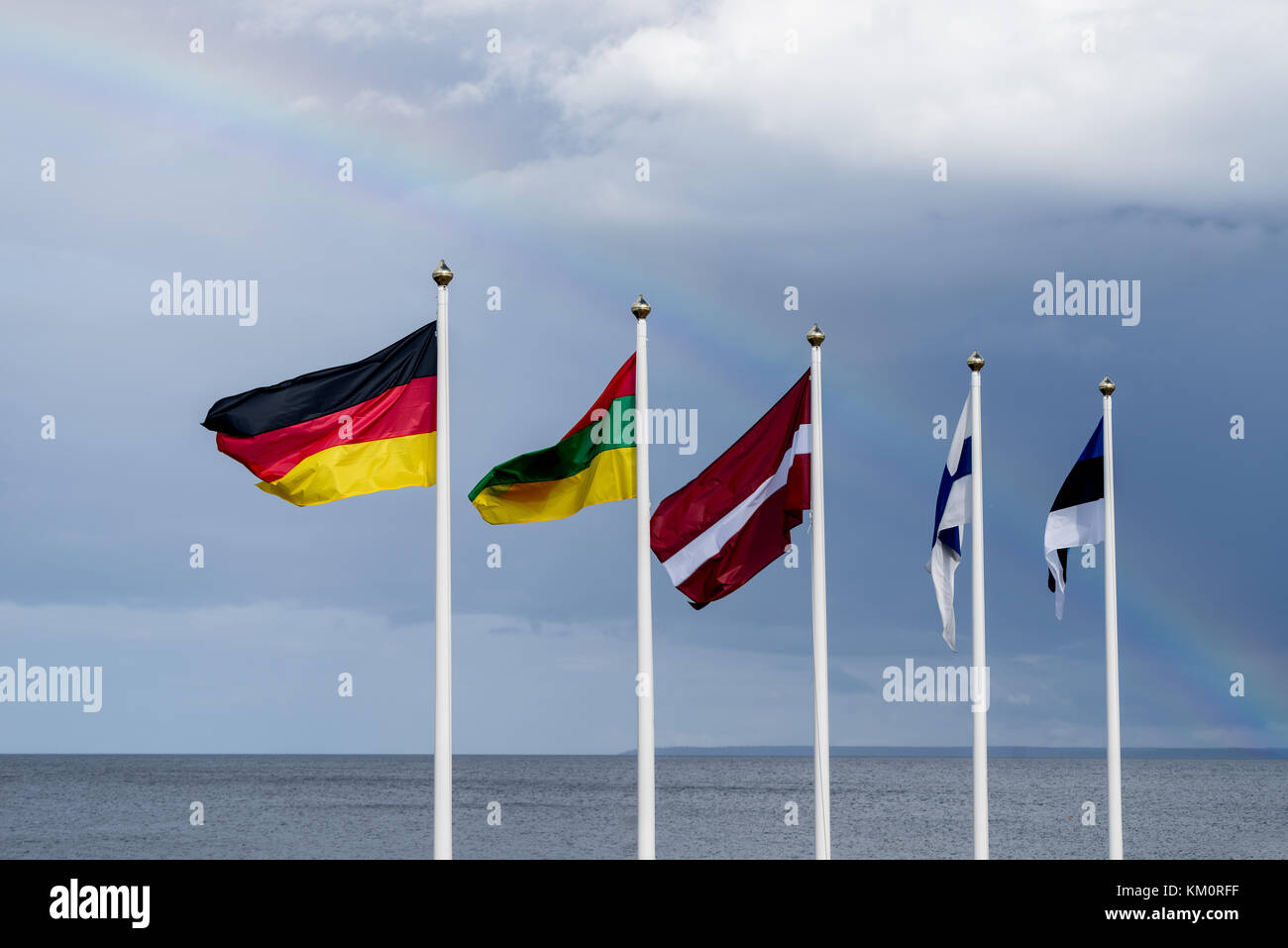 Estonian, Finnish, Lithuanian, Latvian and German flags waving in the ...