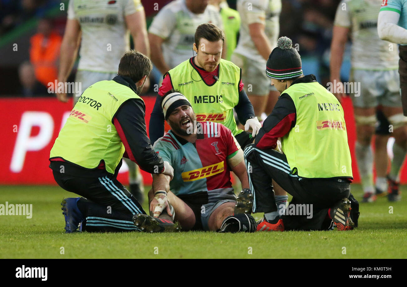 Harlequins' Will Collier goes off injured during the Aviva Premiership ...